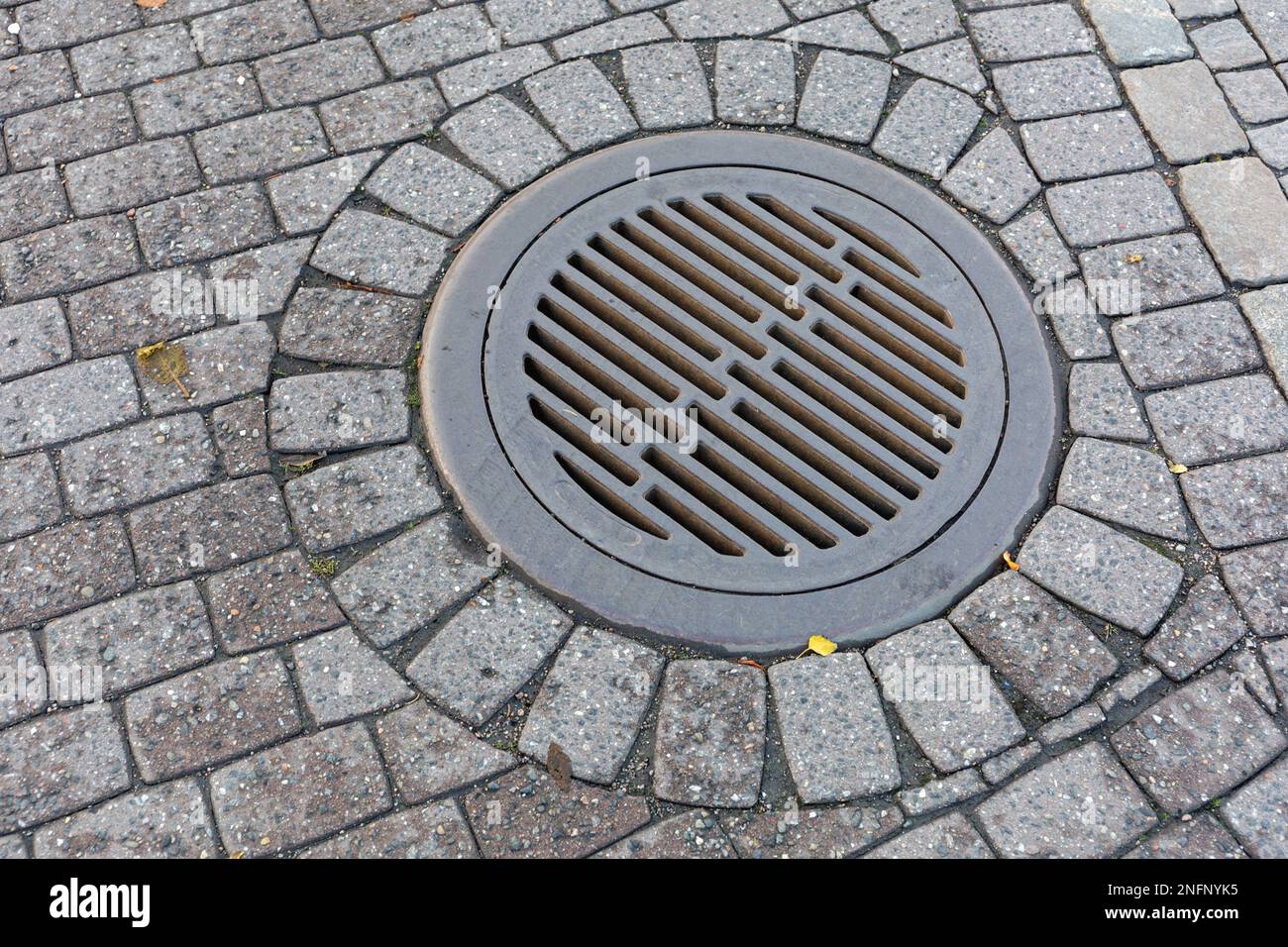 Manhole Drainage Sewer Shaft With Circular Cobblestones Stock Photo - Alamy