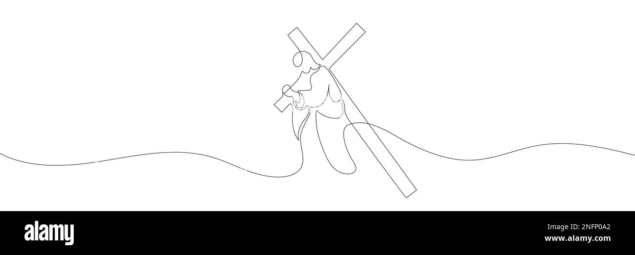 drawing of jesus christ carrying the cross drawn continuous line. Vector illustration Stock ...