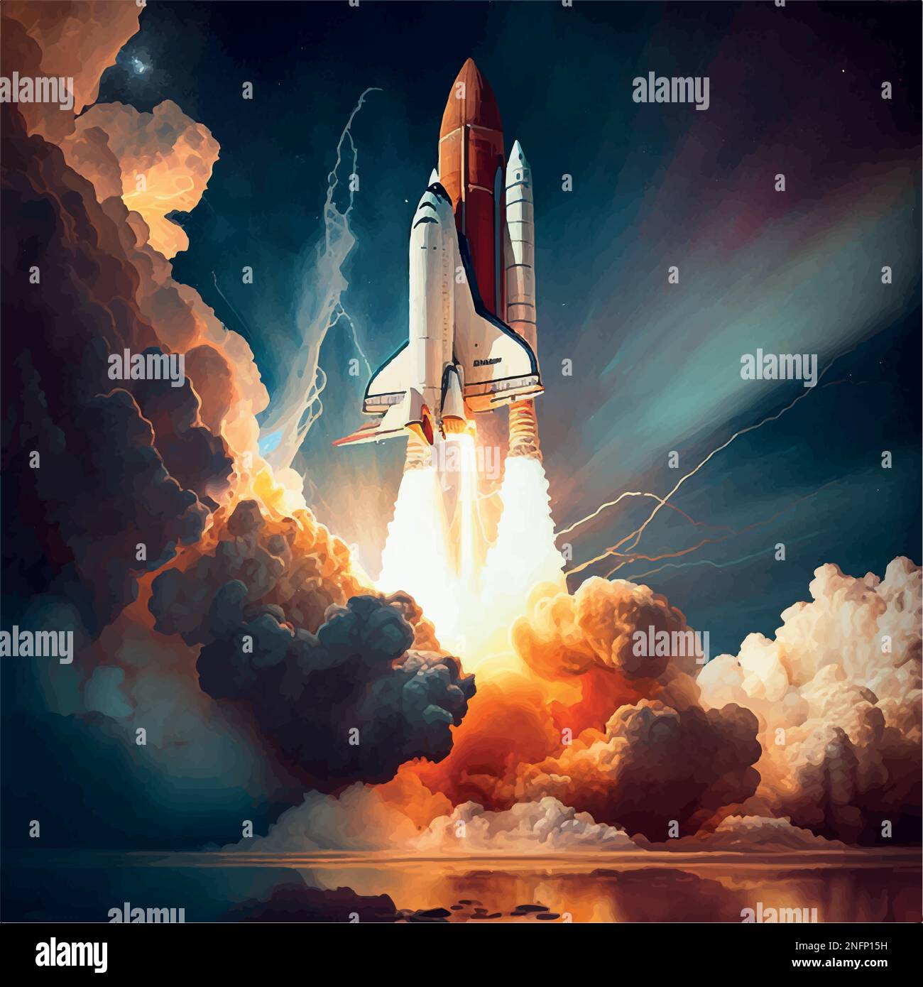 rocket launch at sunset with clouds and smoke. 3d illustration. Vector ...