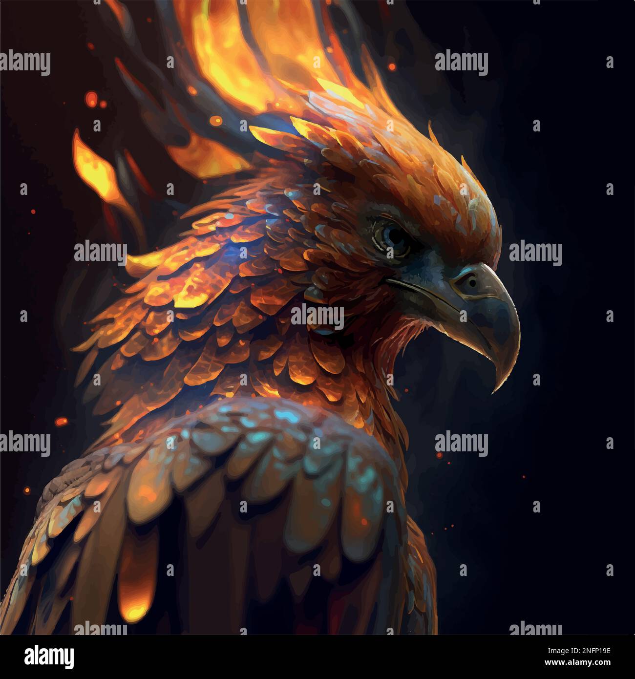 Realistic illustration of a burning eagle on a black background in ...
