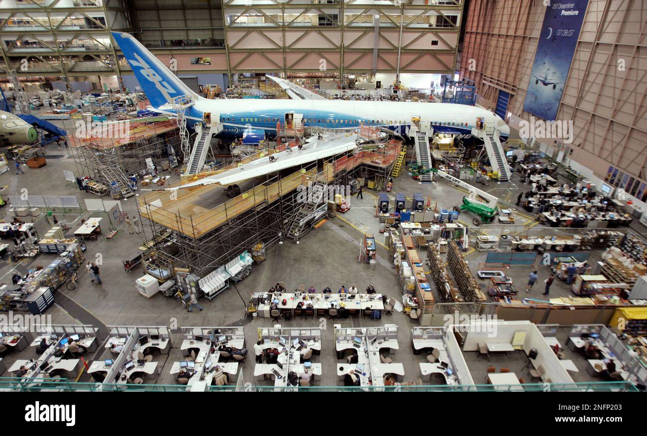The first Boeing 787 is seen as it stands near completion and ...
