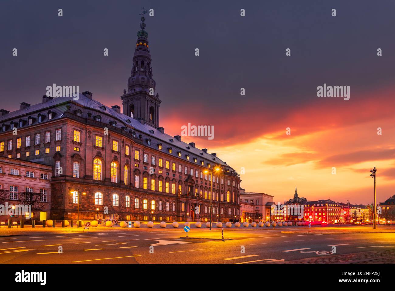 Copenhagen, Denmark. Night image with Christianborg, Danish Parliament ...