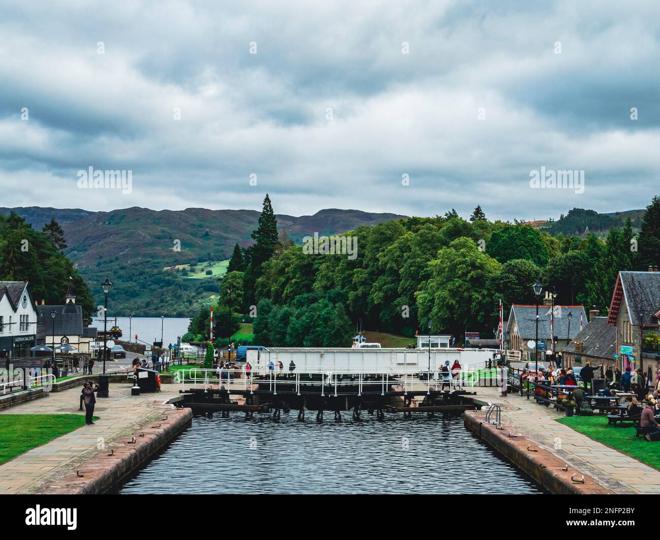 Caledonian Canal locks at the popular tourist village of Fort Augustus ...
