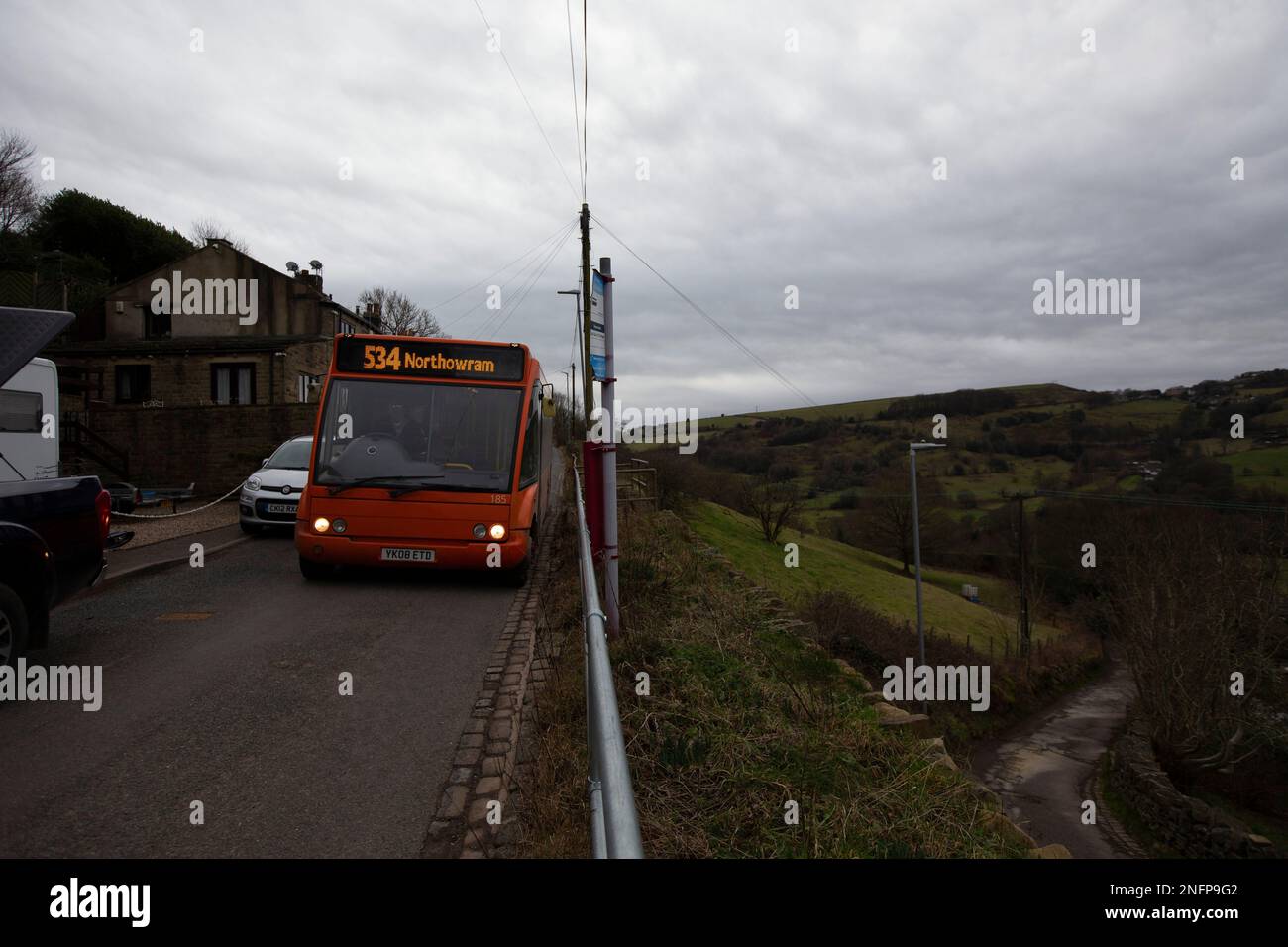 A rural bus service on Brow Lane in the Shibden valley near Halifax ...