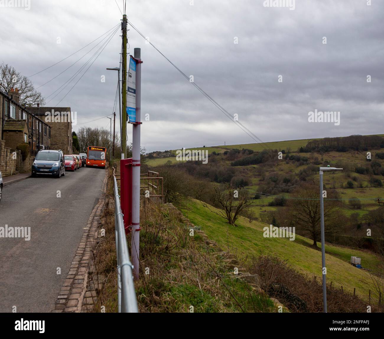 A rural bus service on Brow Lane in the Shibden valley near Halifax ...