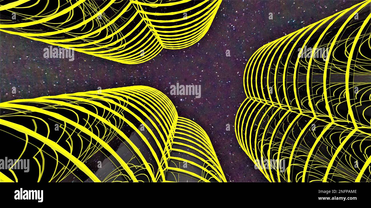 View from below at the night starry sky standing between three ...