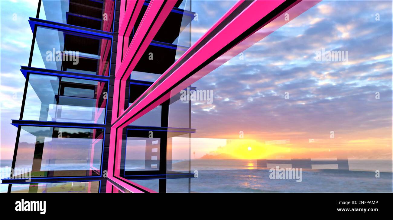 Distant sunrise behind concrete structure in the sea reflected in huge ...