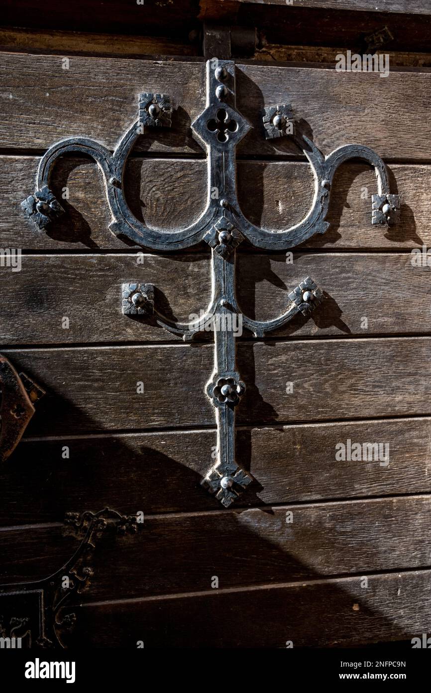 Iron-cast medieval wooden door decoration, Corvin Castle, or "Castelul ...