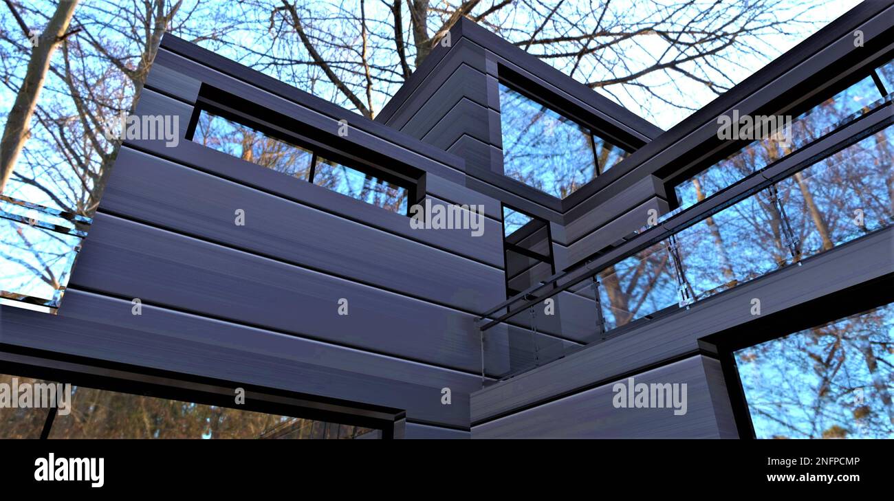 Balcony with glass fence and steel rails. Upscale contemporary cottage ...