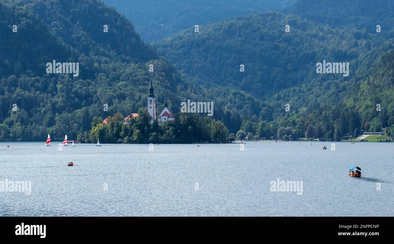 Lake Bled with the island Blejski otok, Bled, Upper Carniola Region ...