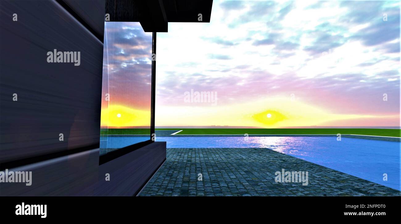 Cobble stones area near the aluminum facade house with swimming pool ...