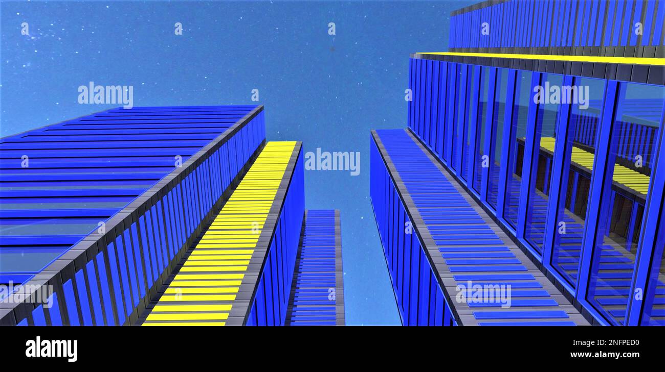 View from below of the low-rise apartment building with blue and yellow ...