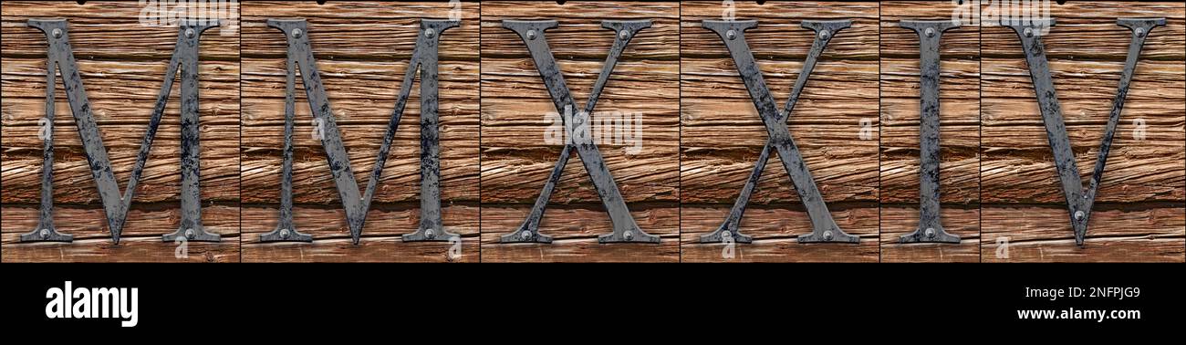 the year 2024 in roman numerals made from iron nailed on raw wood Stock ...