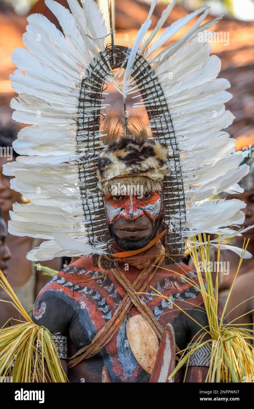 Portrait, warrior with feather decoration and body painting in the ...