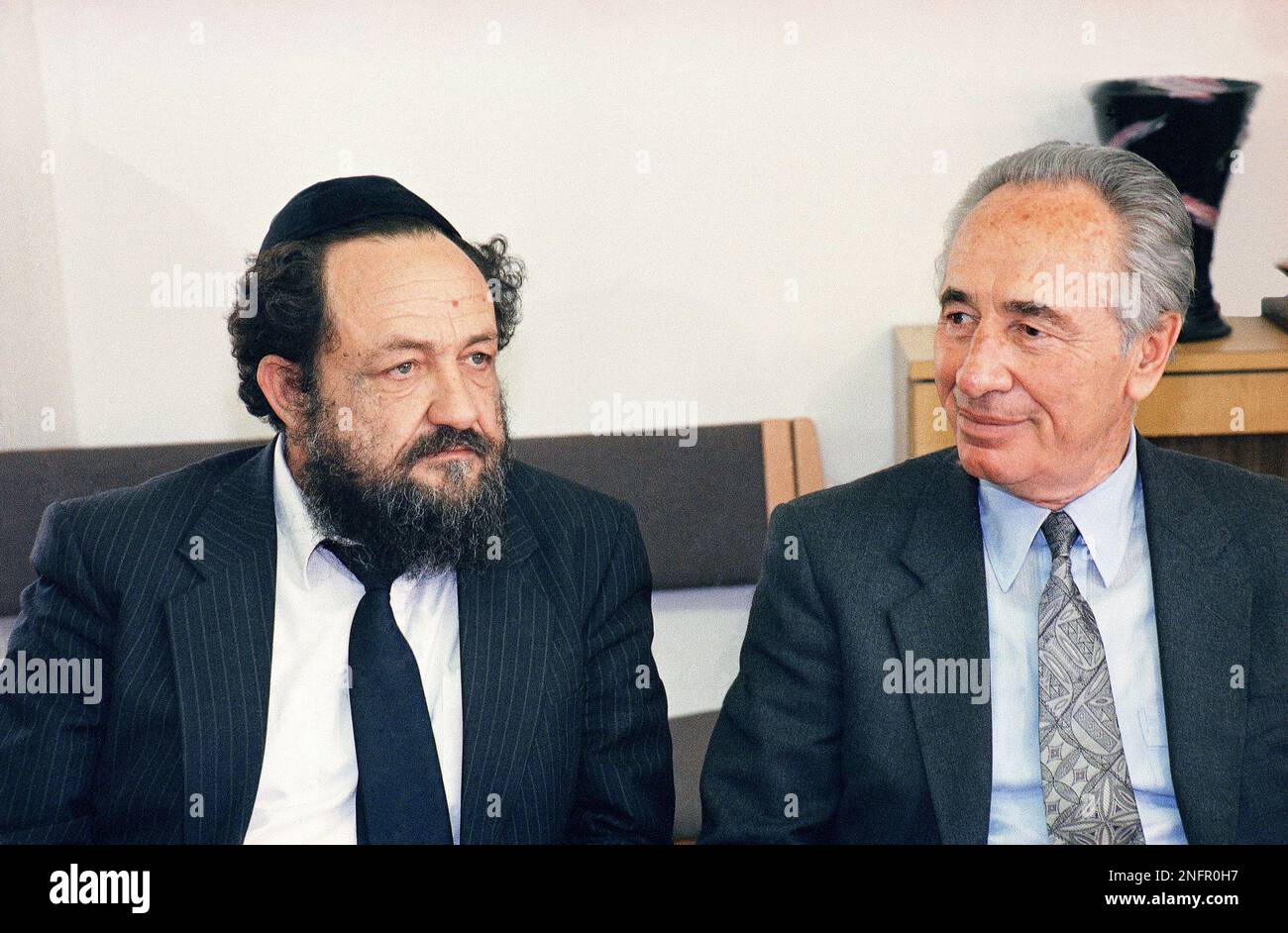 Israeli Labor party Leader Shimon Peres right, meets with Rabbi Avraham ...