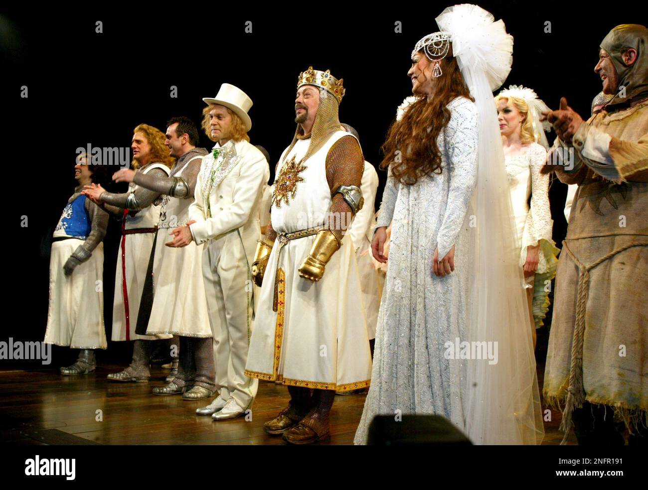 The cast of on stage for the Broadway premiere of Spamalot, New York ...