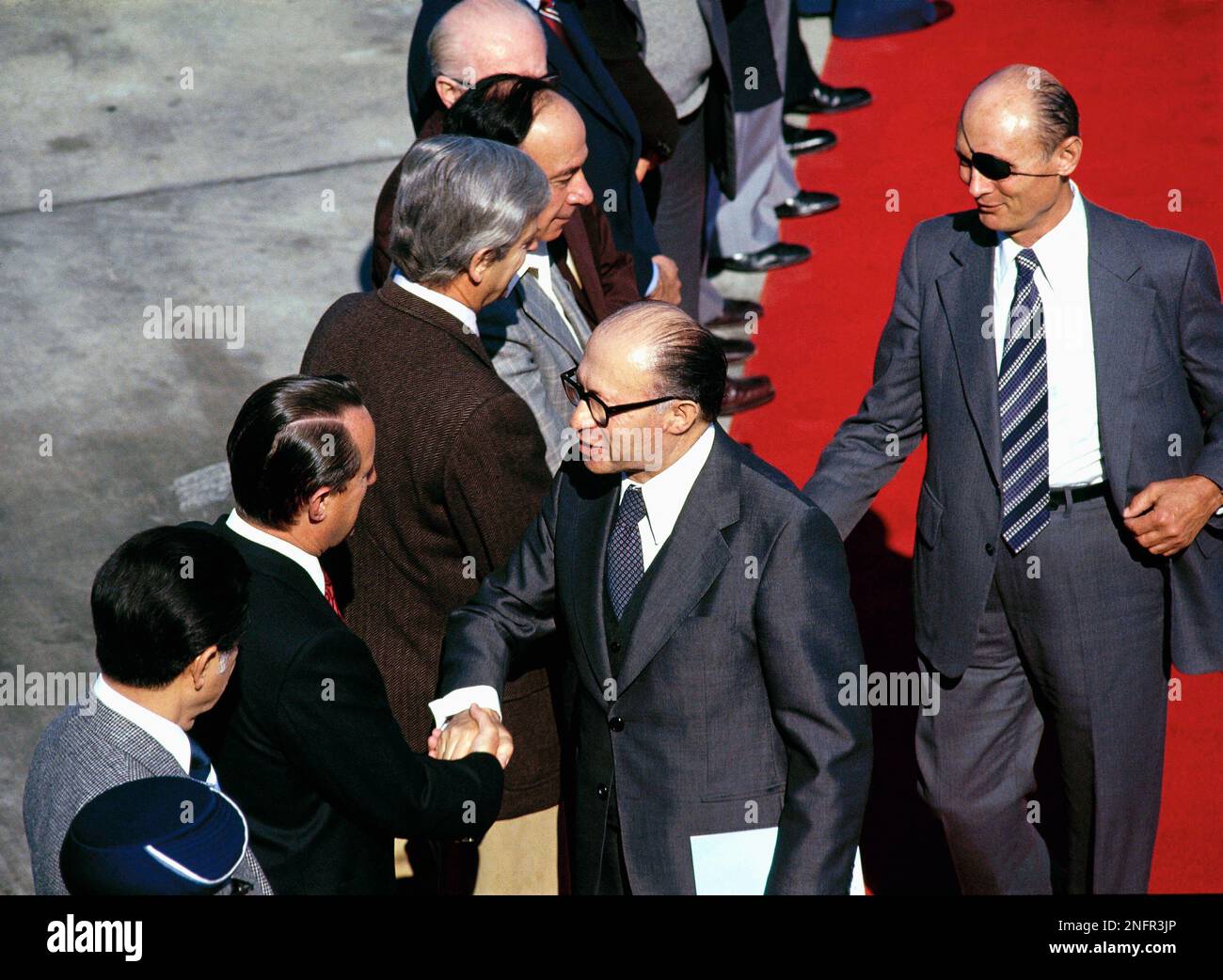 Premier Menachem Begin (foreground) and Foreign Minister Moshe Dayan ...