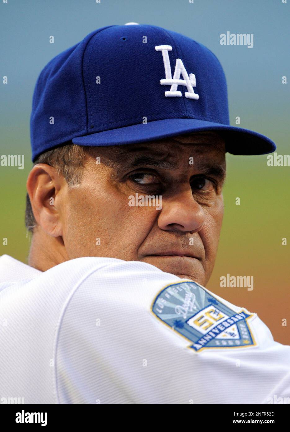 Los Angeles Dodgers manager Joe Torre looks on during the first inning ...