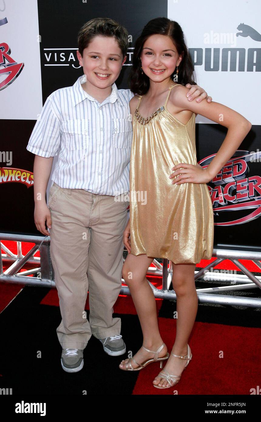 Actors Nicholas Elia, left and Ariel Winter arrive at the premiere of "Speed Racer" Saturday ...