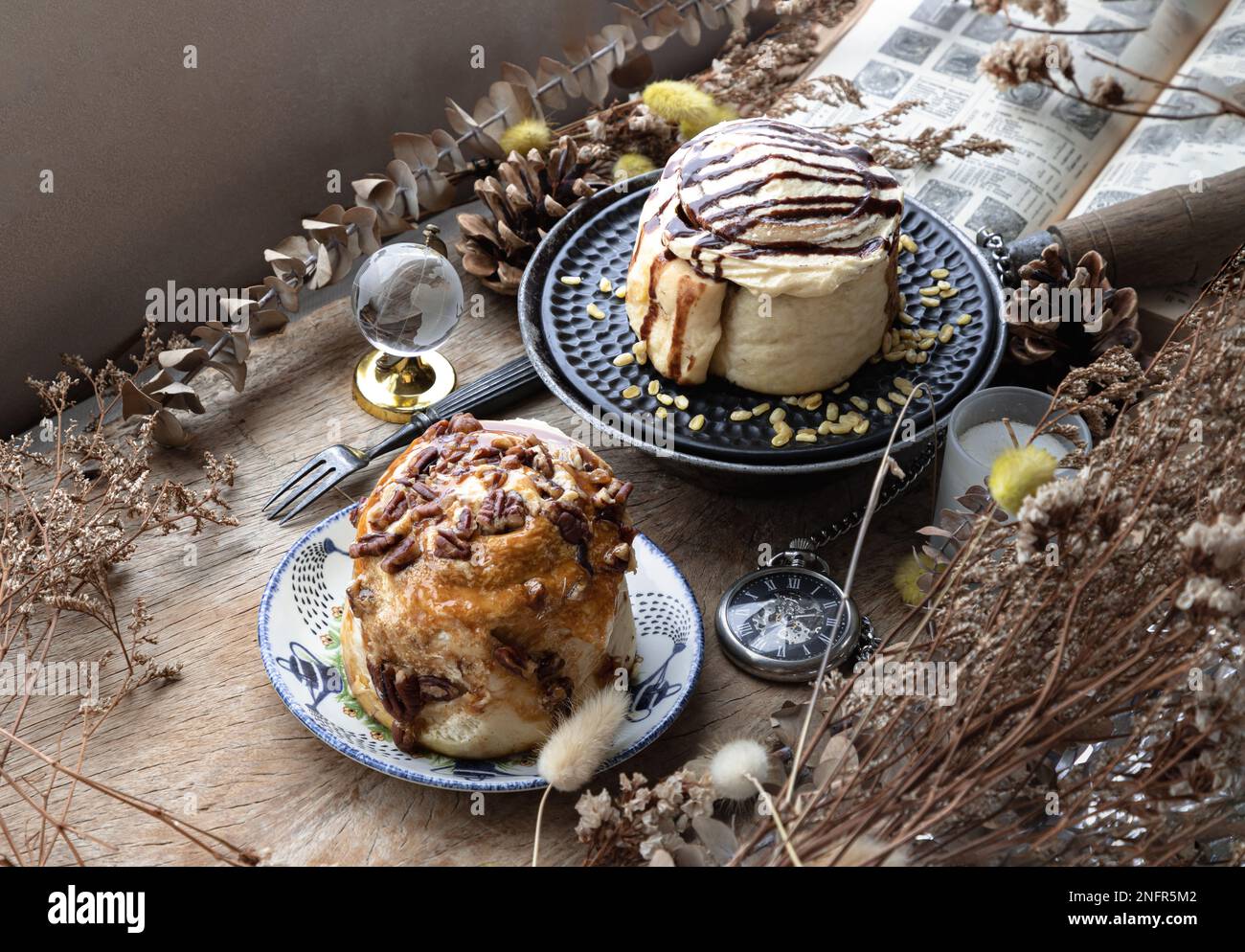 Two Homemade Soft Chocolate Buns, Caramel Pecanbon topped with caramel ...