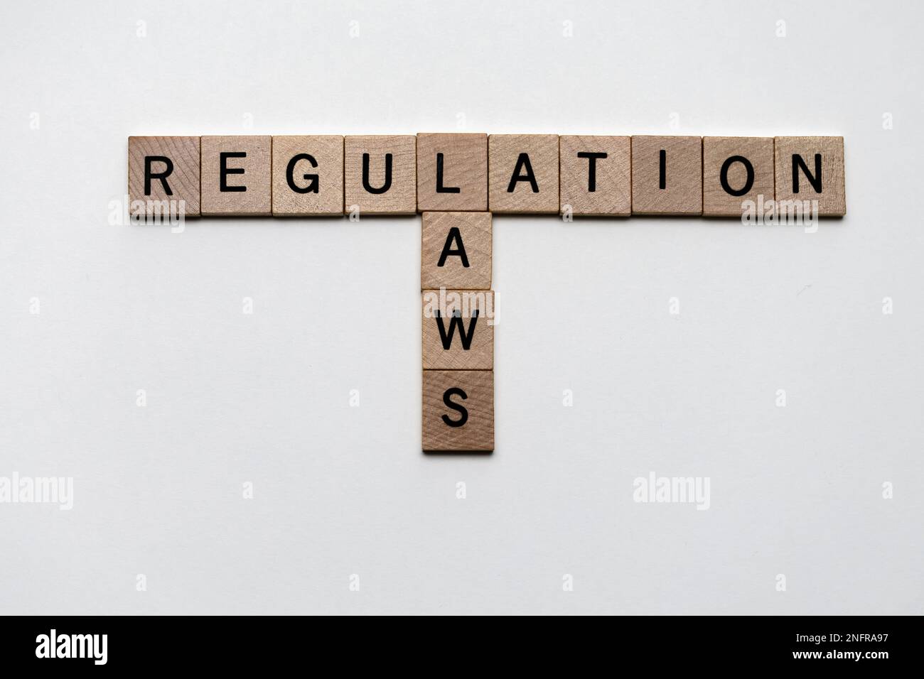The words of regulation and laws in crossword with wooden cubes Stock ...