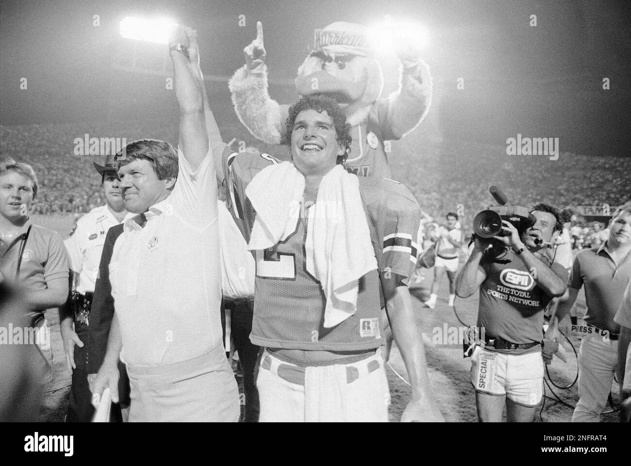 University of Miami head coach Jimmy Johnson, left, celebrates the ...