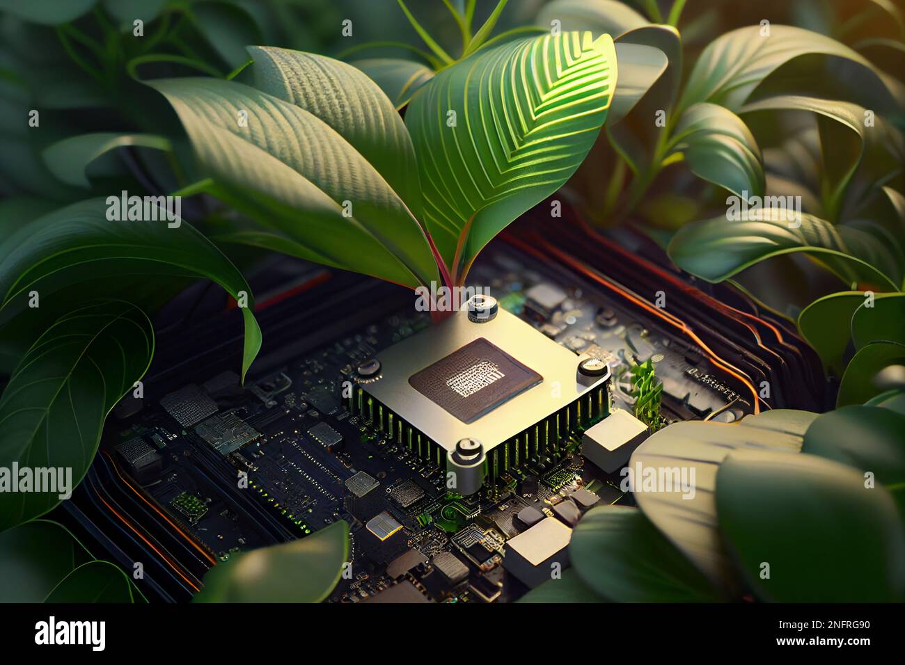 A Computer motherboard with green plants growing out of the electronics ...