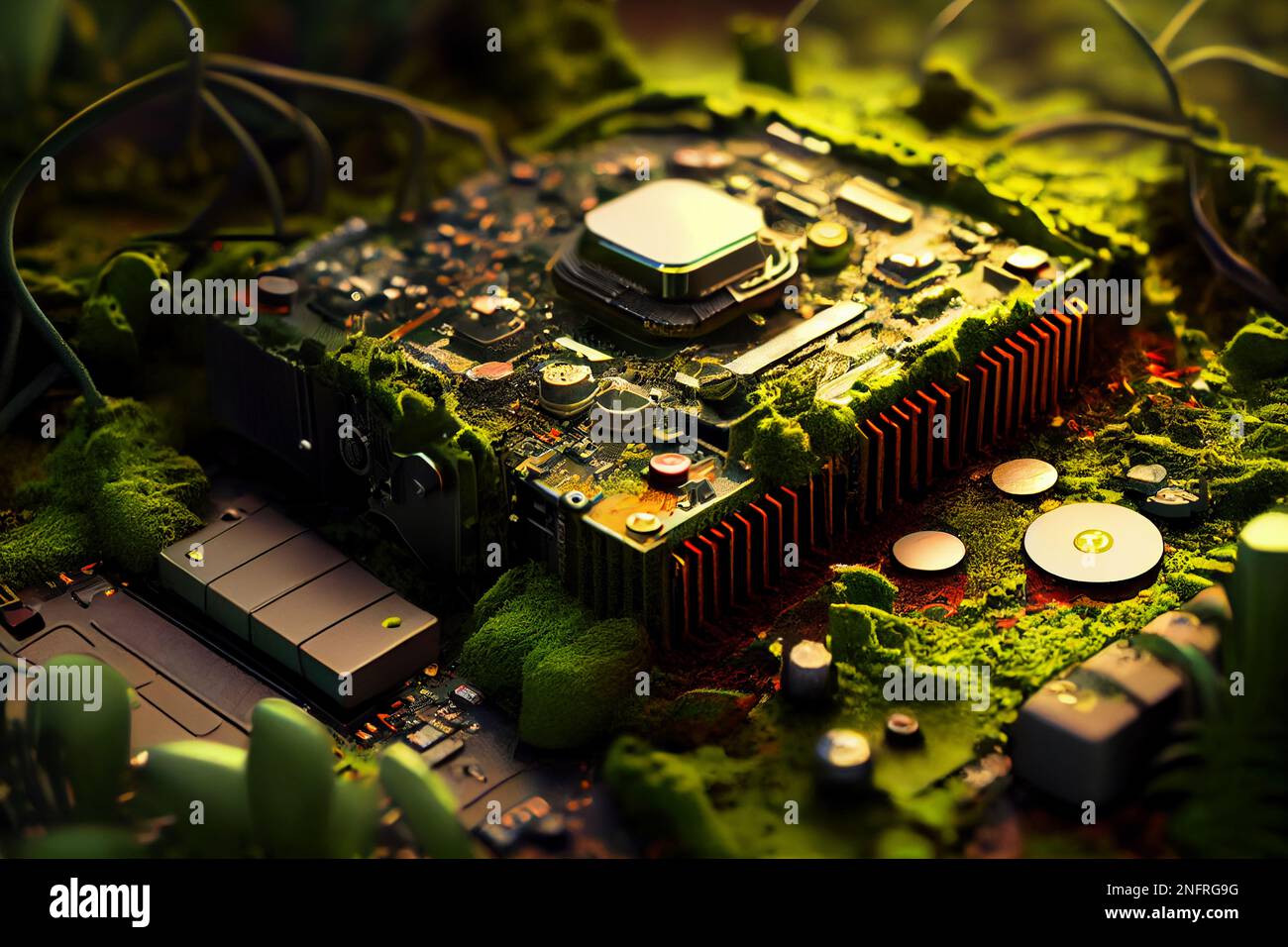 A Computer motherboard with green plants growing out of the electronics ...