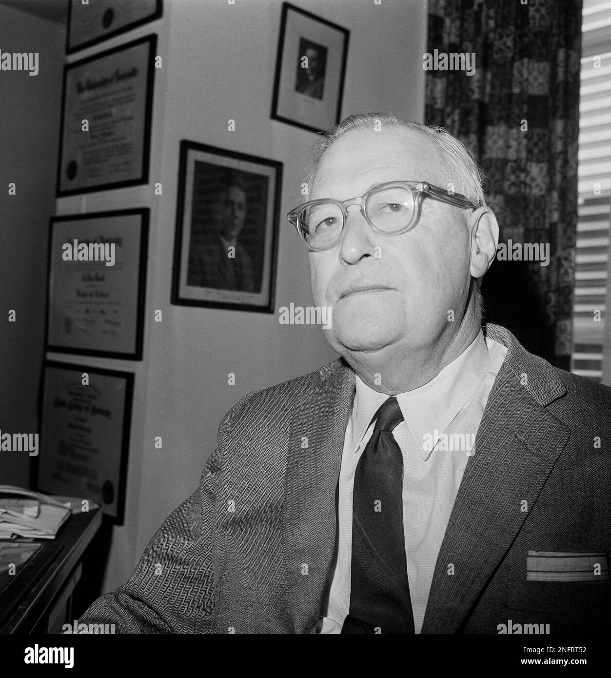 Arthur Krock prize winner writer for the New York Times poses Feb. 23 1963 in his Washington office. Krock 76 in a magazine article accuses President Kennedy of managing the news with a