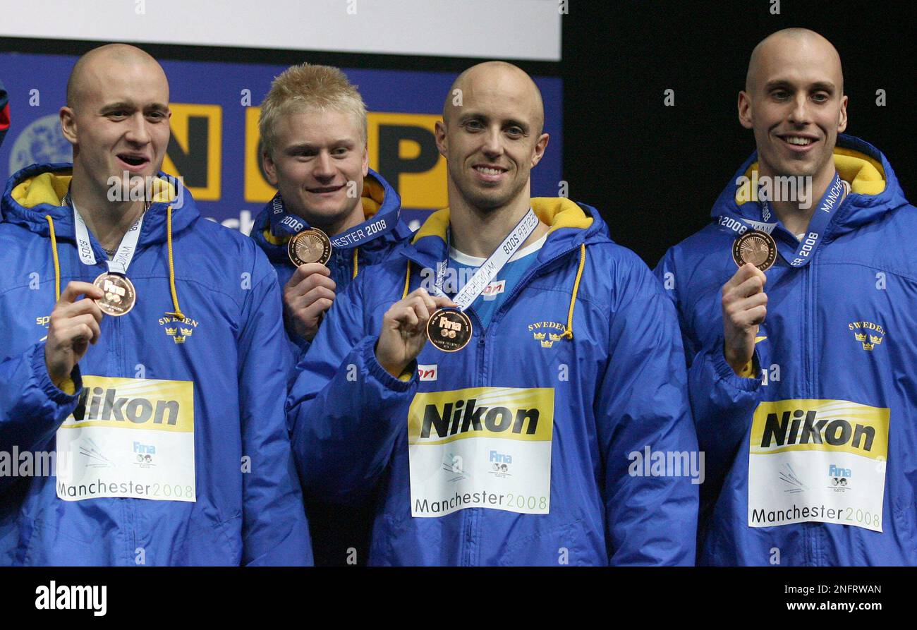 The Swedish team show their bronze medals after the final of the Men's ...