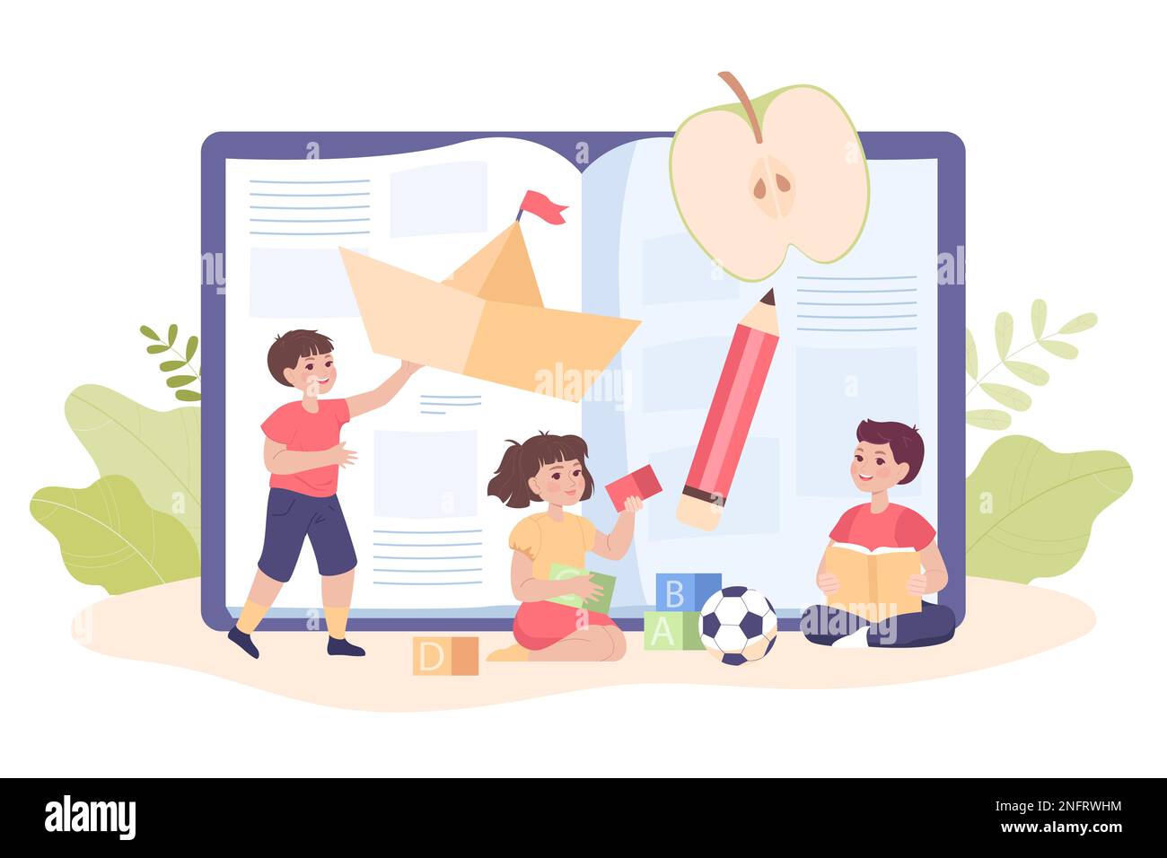 Children devoting time to learning flat vector illustration. Tiny girl ...