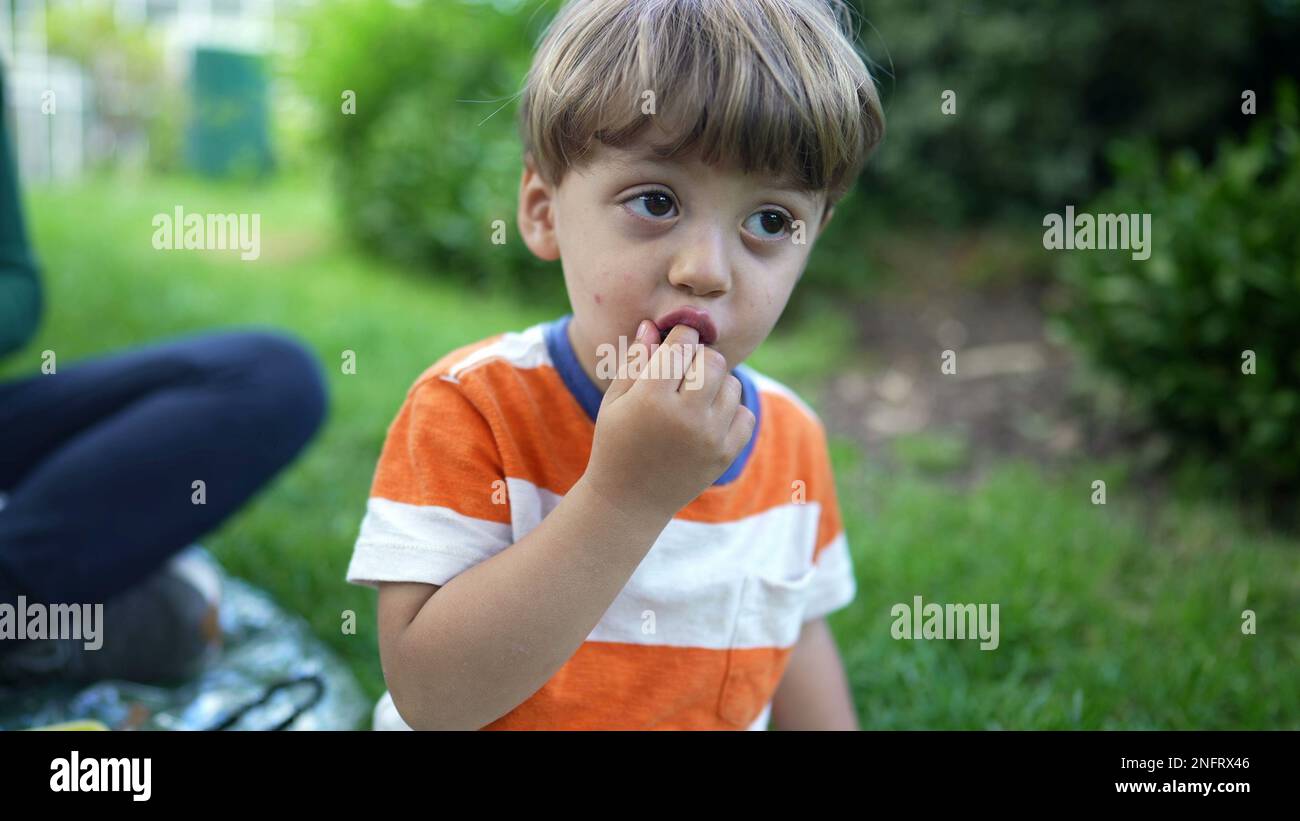 Portrait of little boy eating food during family weekend picnic ...