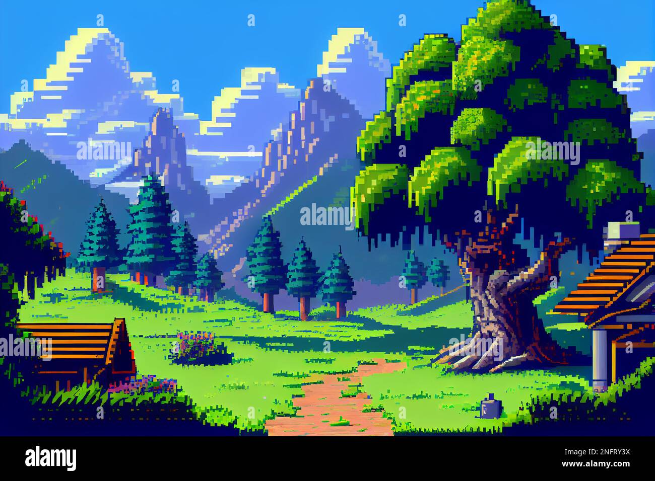 Video game background landscape with mountains and forests in 16 bit ...
