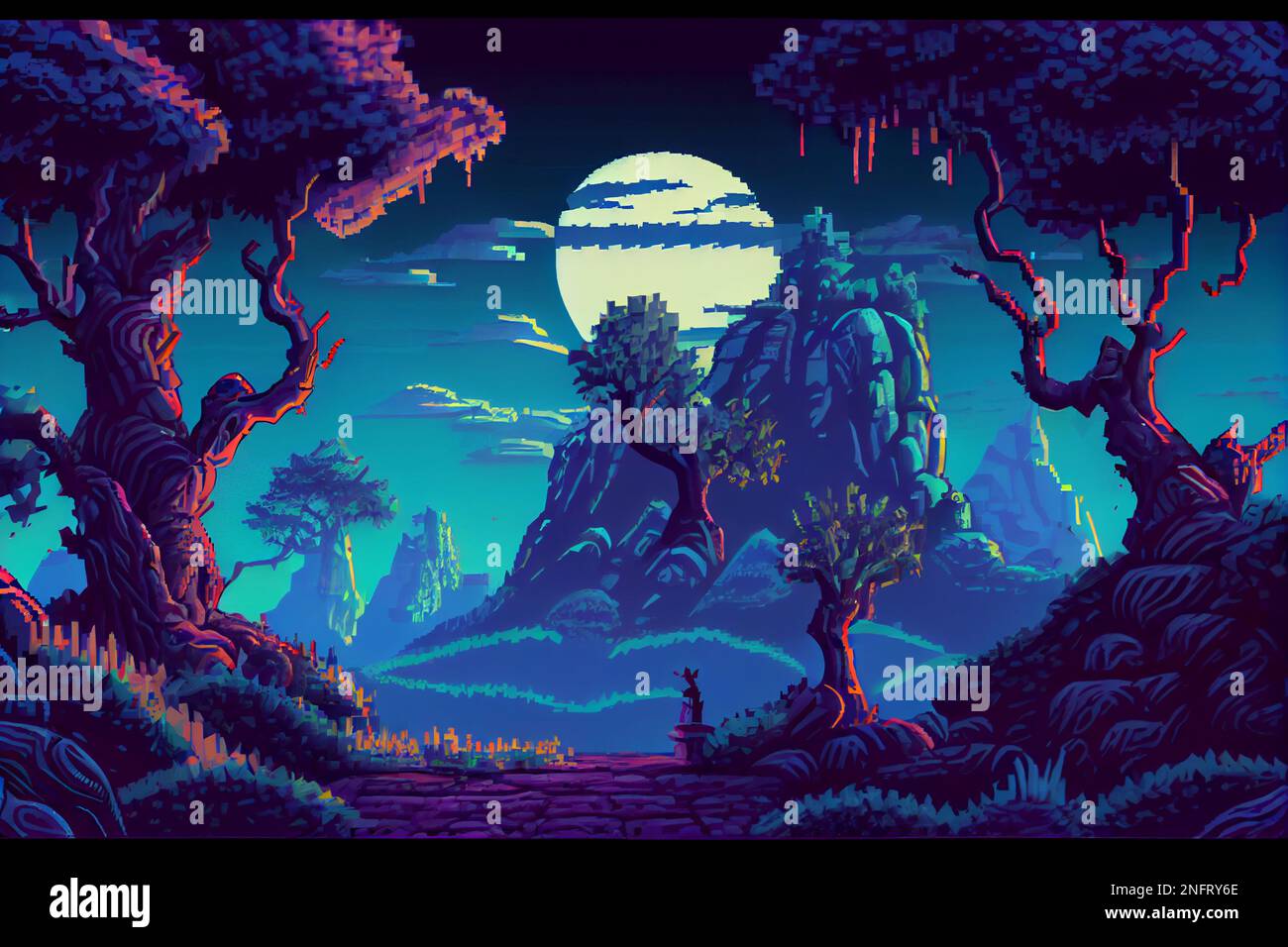 Video game background landscape with mountains and forests in 16 bit ...