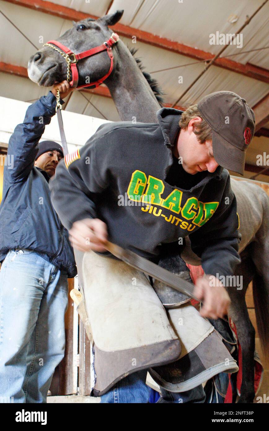 A horse is fitted with new shoes at the Anderson Racing Stable, in ...