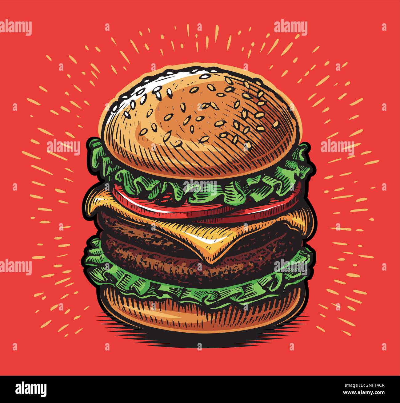 Big Burger Juicy Hamburger Retro Comic Style Pop Art Fast Food Vector