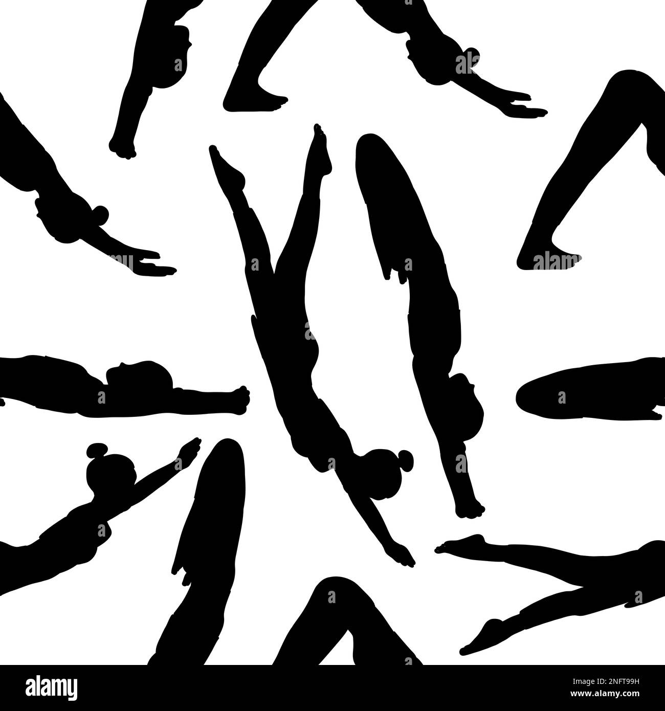 Yoga poses seamless pattern. Black shadow. Female woman girl. Vector ...