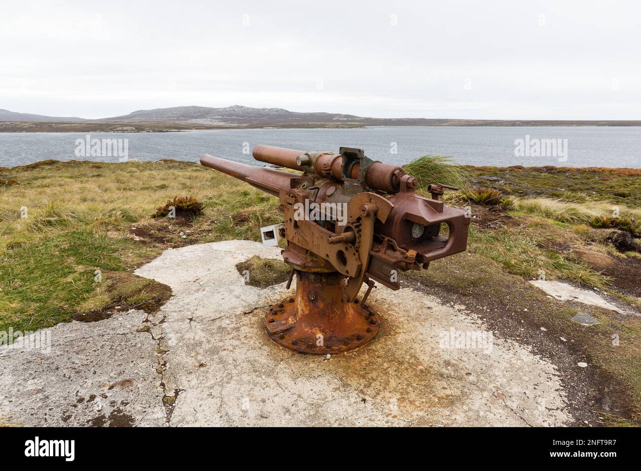 World War 2 gun in Port Stanley on the Falkland Islands, Ordnace Point ...