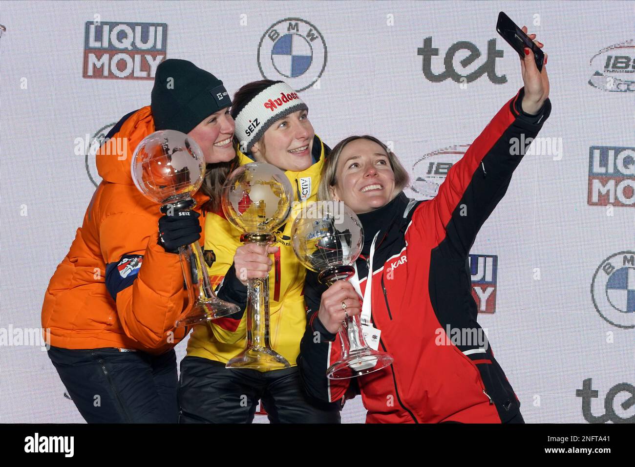 Overall World Cup winner Tina Hermann of Germany, center, second placed ...