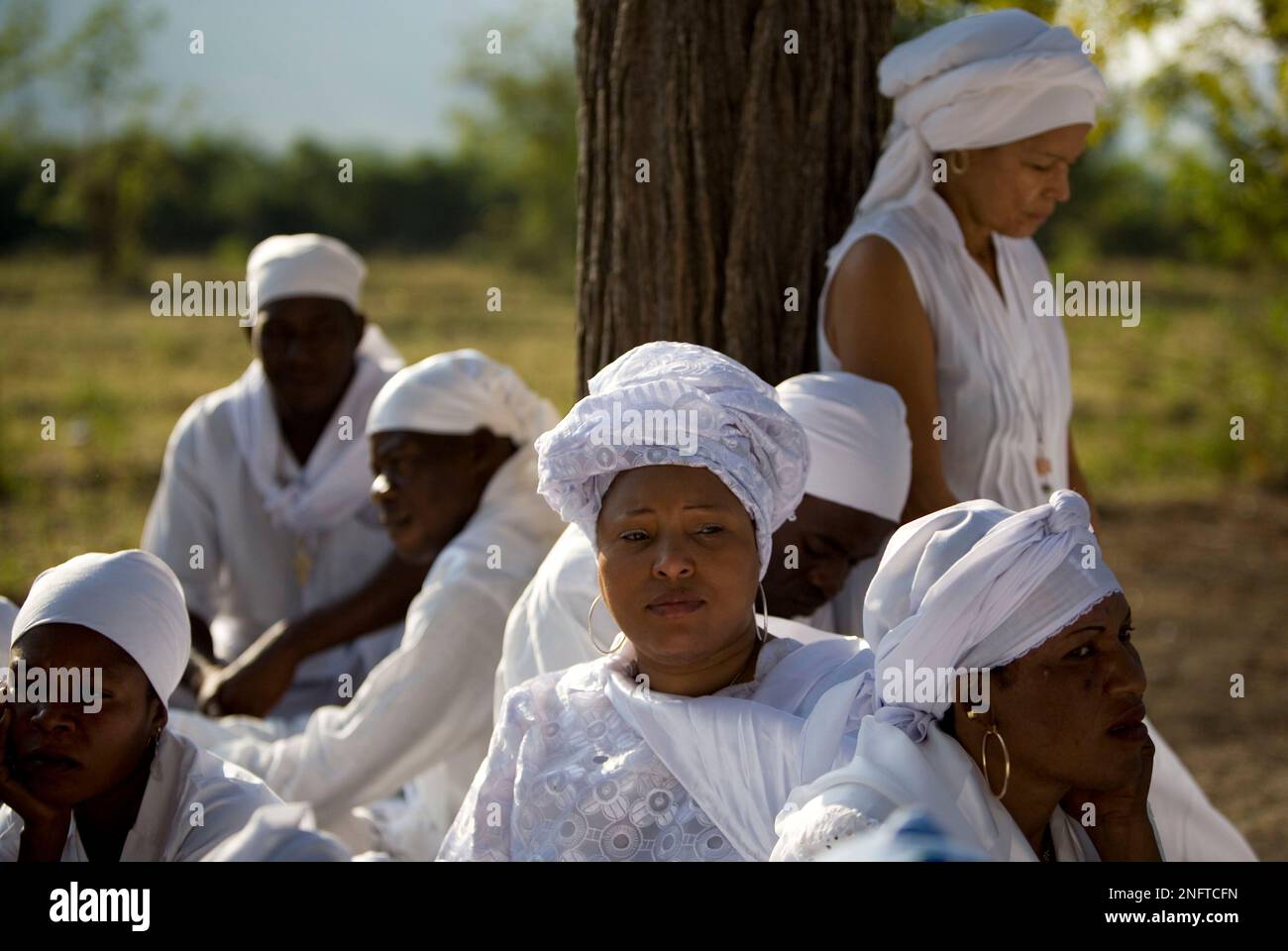 Voodoo believers rest next to a Mapou tree during a ceremony in ...