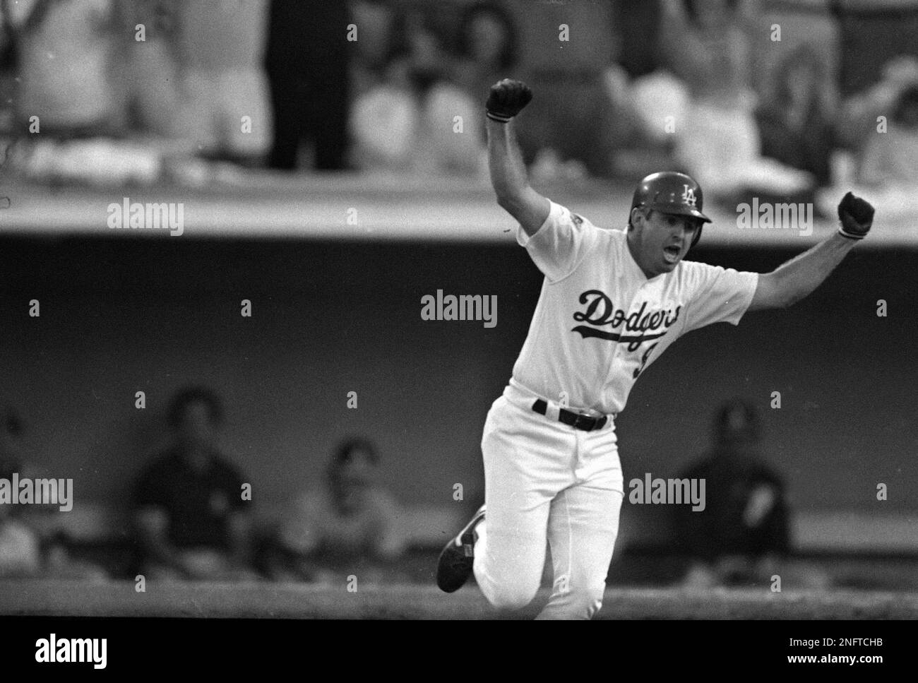 Los Angeles Dodgers' Mickey Hatcher reacts to his two-run first inning ...