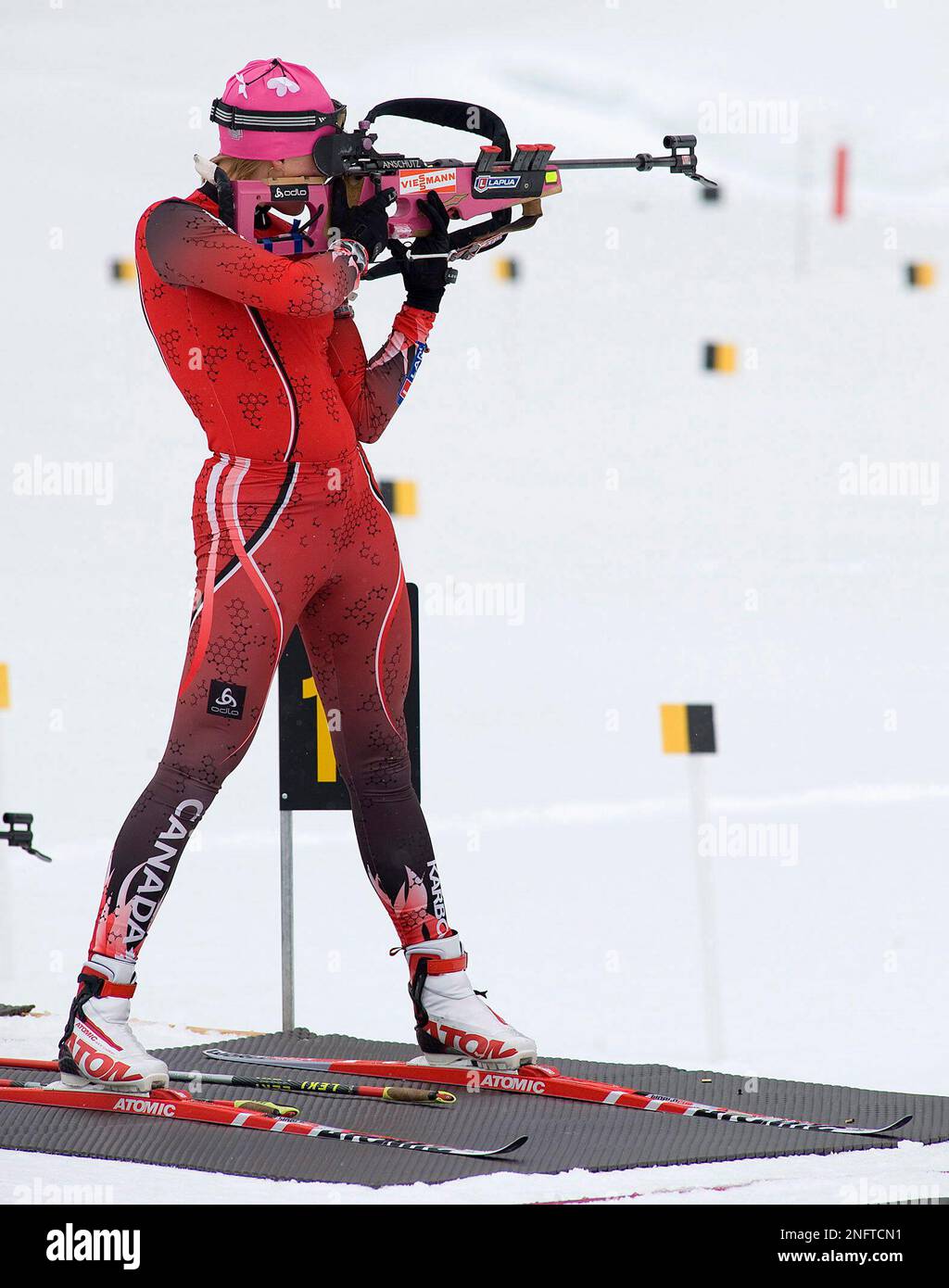 Canadian biathlete Zina Kocher trains at the 2010 Olympic biathlon ...