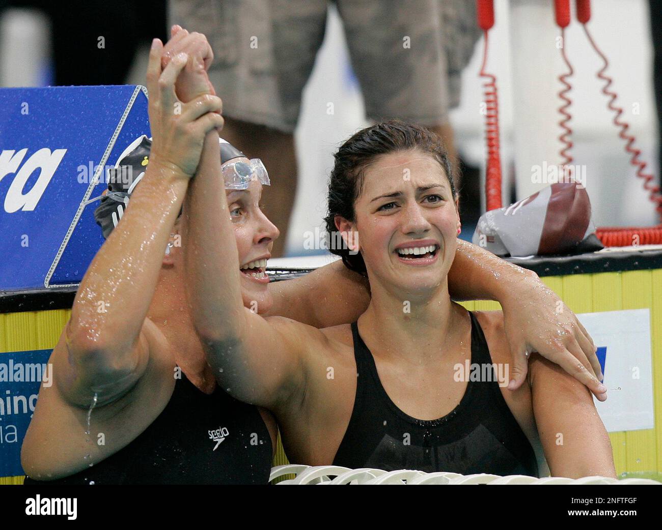 Australia's Stephanie Rice, right, celebrates after breaking the Womens ...