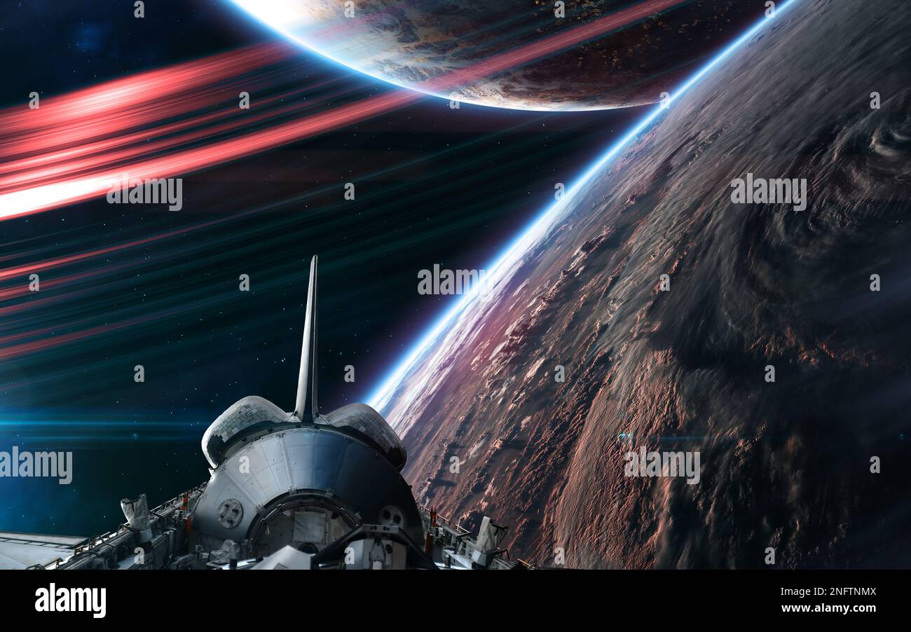 Shuttle in orbit of deep space planet Stock Photo - Alamy