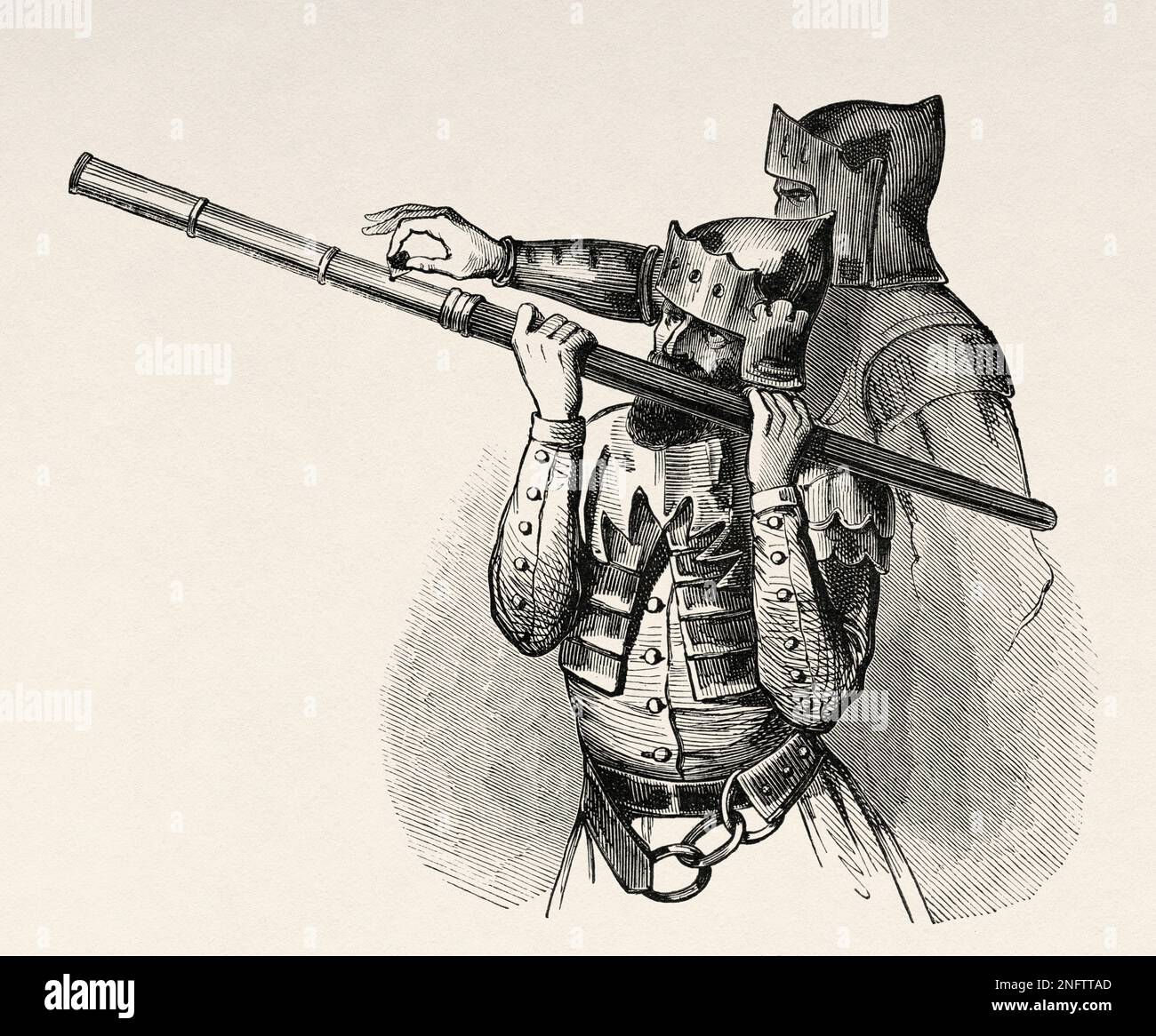 Hand cannon or fire stick from a tapestry of the Notre-Dame de Nantilly ...