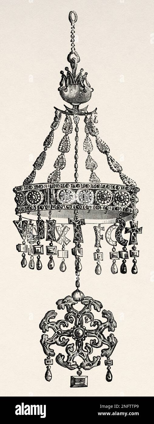 Votive crown of Suintila, Visigoth goldsmith work of the 7th century ...