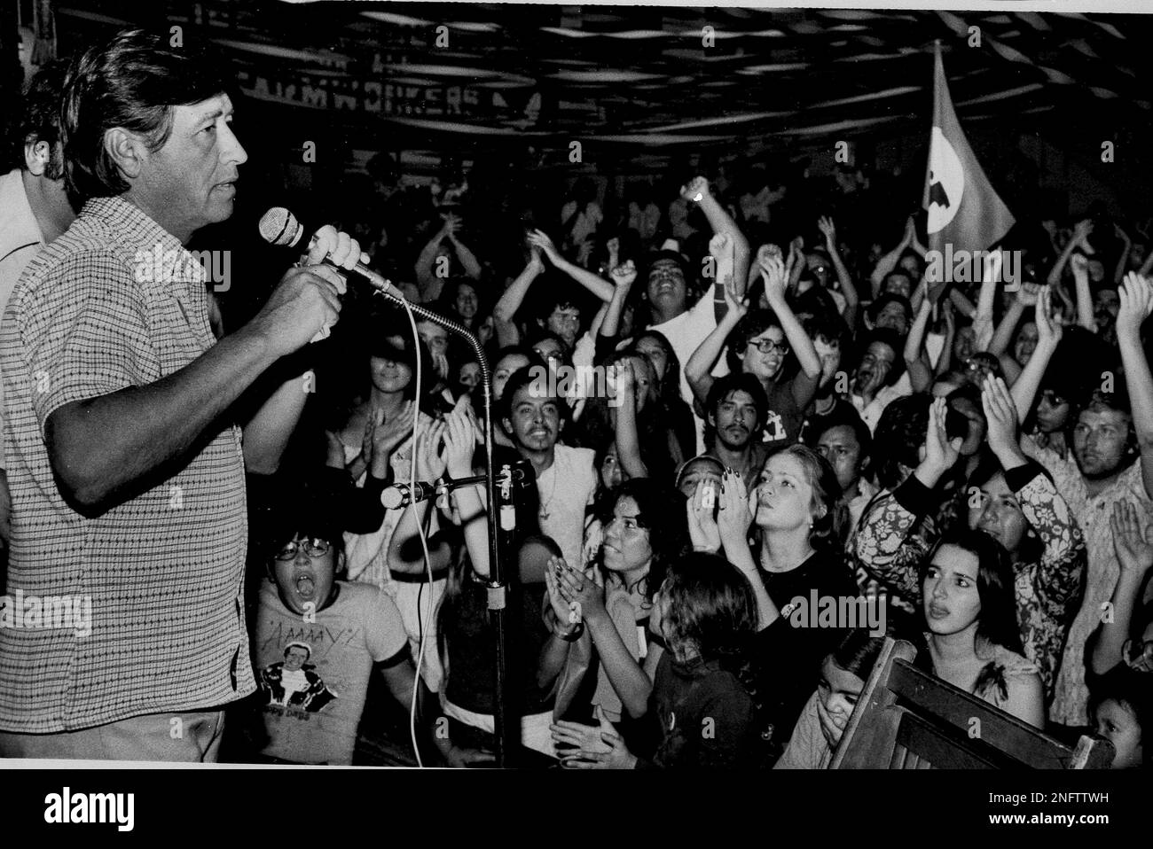 United Farm Workers leader Cesar Chavez speaks to an enthusiastic crowd ...