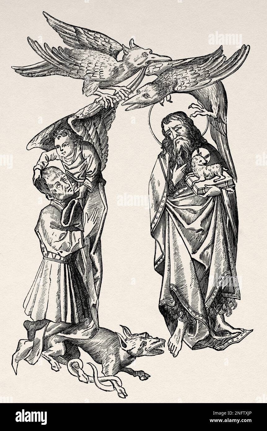 Middle ages initial capital letter N of the grotesque alphabet engraved ...