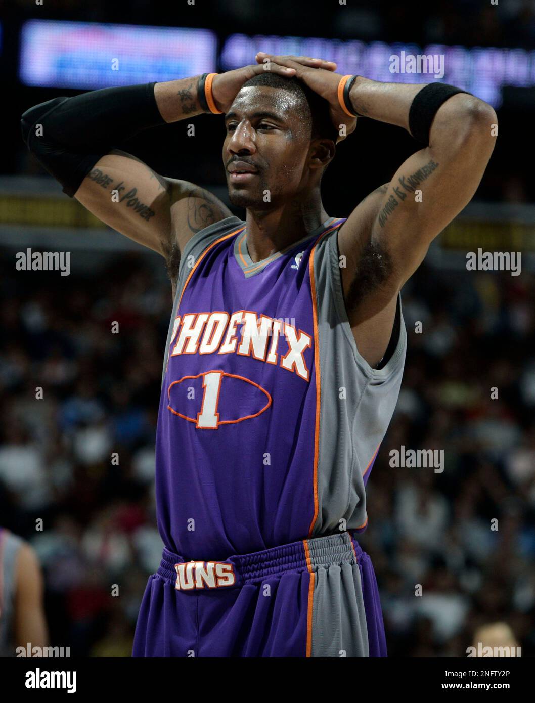 Phoenix Suns forward Amare Stoudemire reacts after getting called for a ...