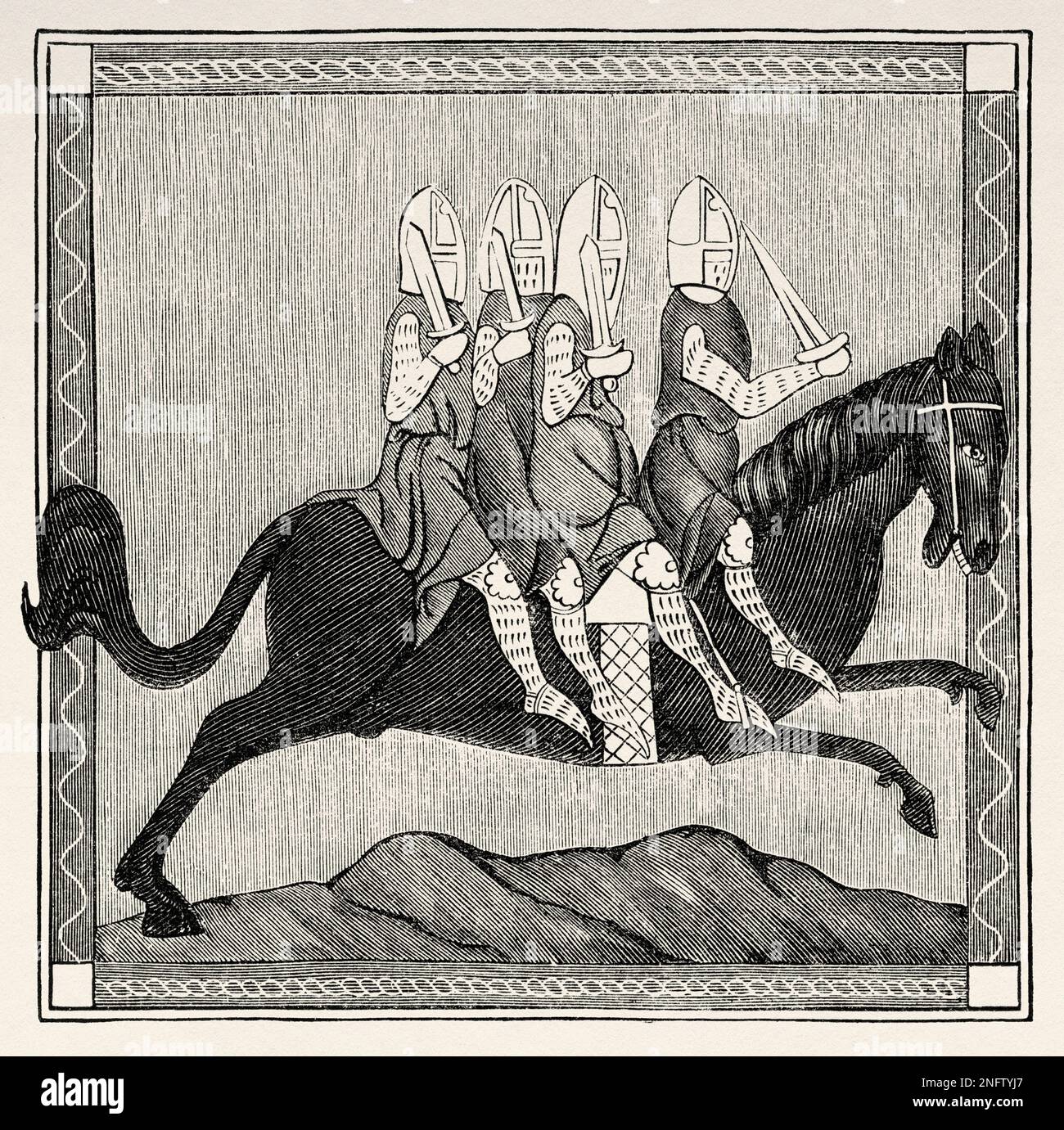 The Four Sons of Aymon. The horse Bayard carrying the four sons of ...